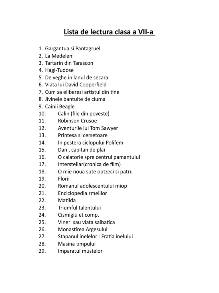 Lista de Lectura Clasa A VII | PDF