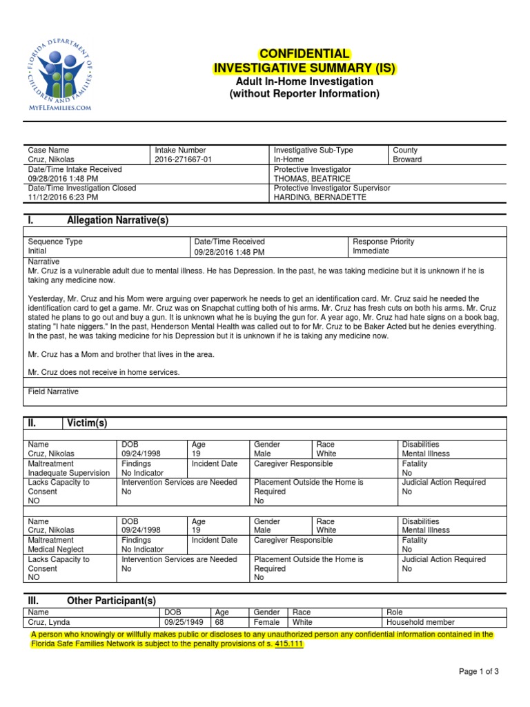 DCF Report On Nikolas Cruz | PDF | Child Abuse | Clinical Psychology