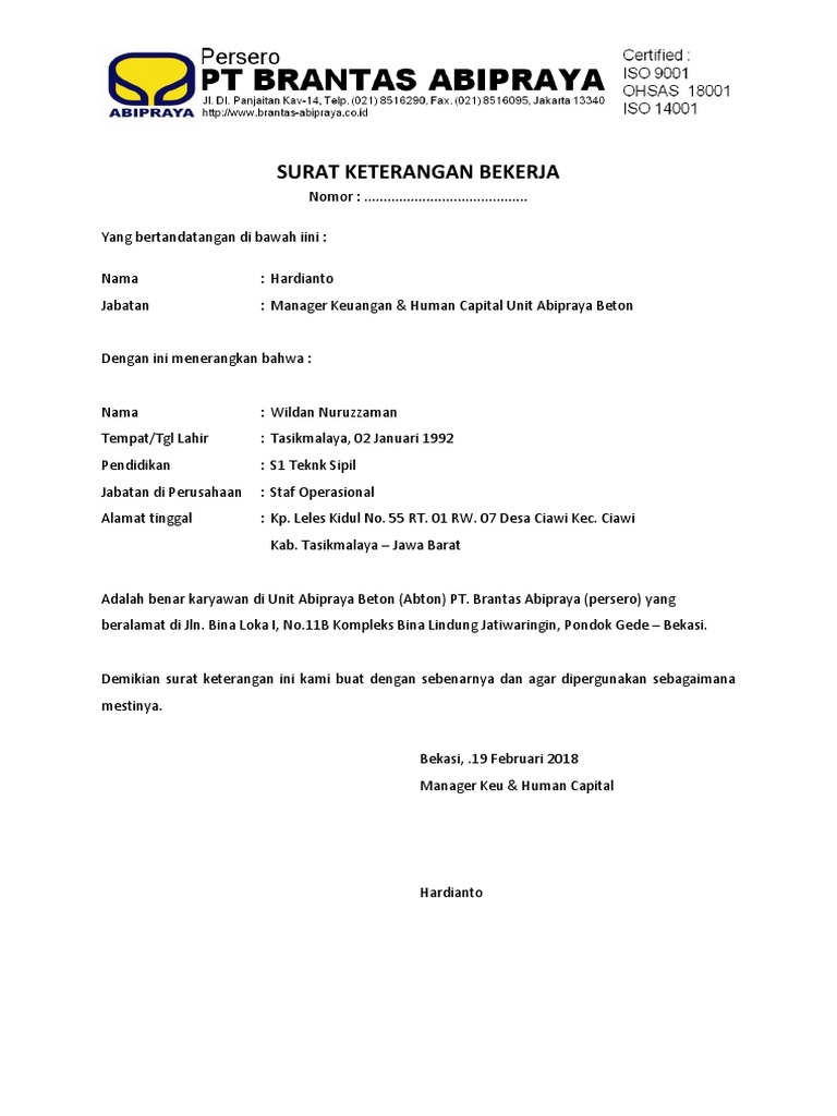 Contoh Surat Keterangan Kerja | PDF