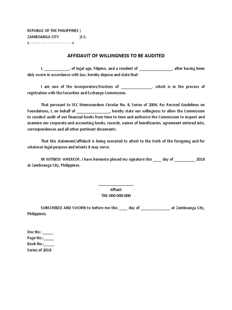 Affidavit of Willingness to Be Audited - Sample