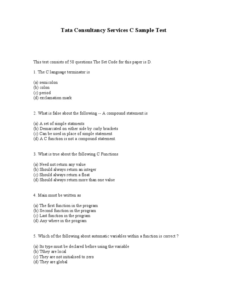 Tata Consultancy Services C Sample Test | C (Programming Language ...