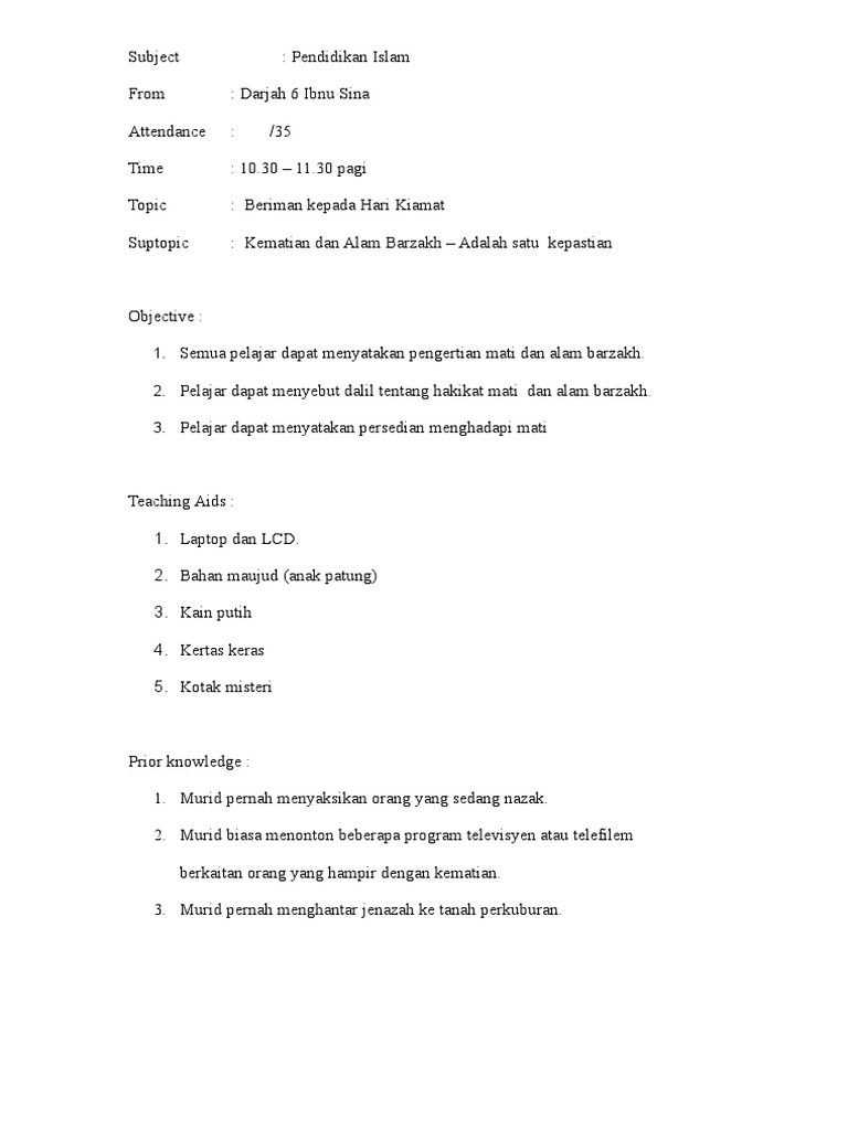 Lesson Plan Pendidikan Islam Tahun 6 | PDF