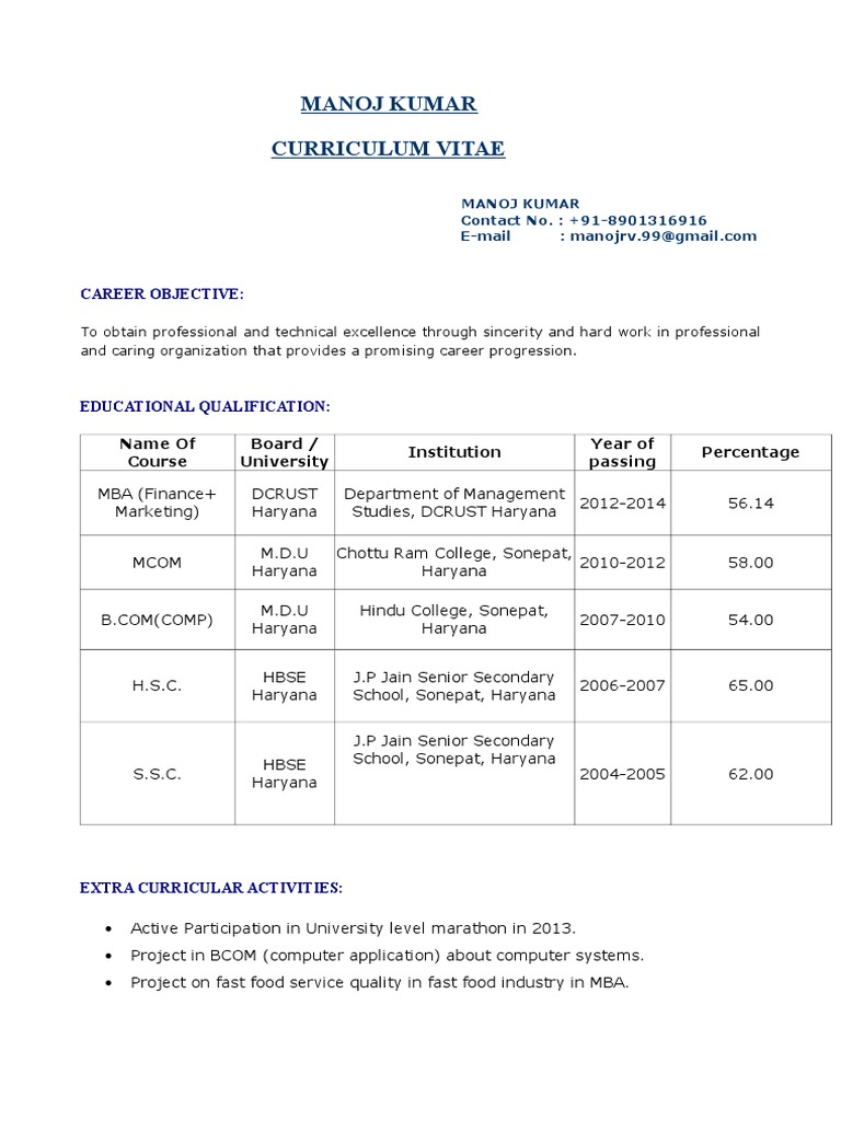 Manoj Kumar Curriculum Vitae: Career Objective | PDF | Résumé | Computing And Information Technology