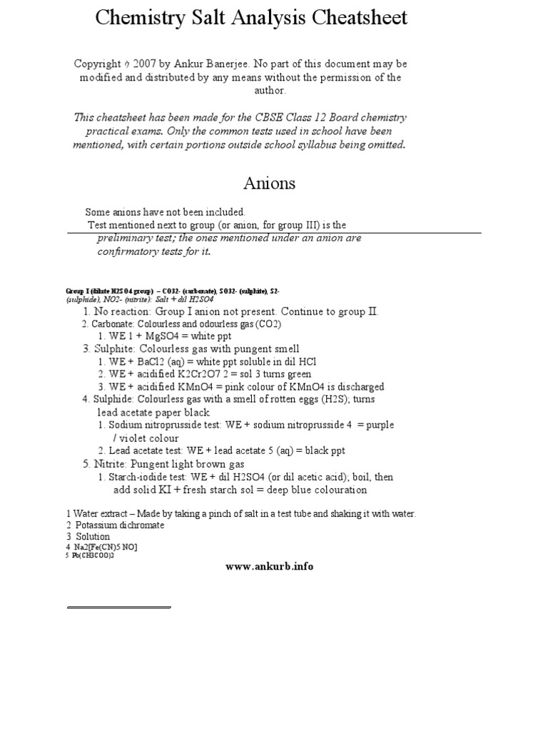 Chemistry Salt Analysis Cheatsheet v1 | PDF | Salt (Chemistry) | Iodine