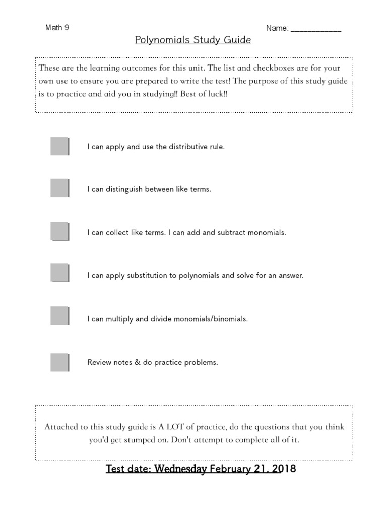 Polynomials Study Guide | PDF | Polynomial | Algebra