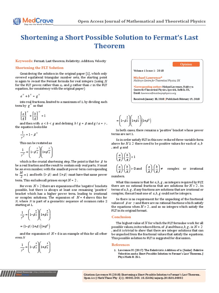 Shortening A Short Possible Solution To Fermat's Last Theorem | PDF ...