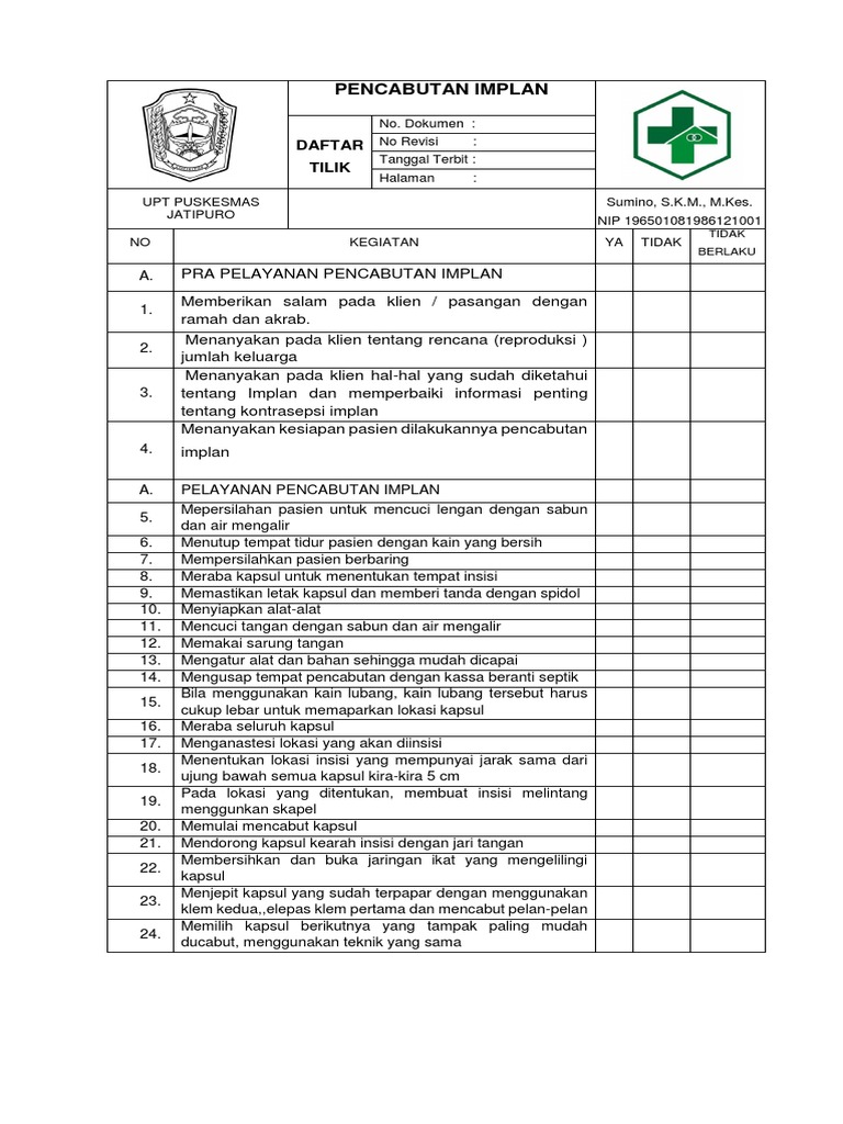 Daftar Tilik Pencabutan Implan | PDF
