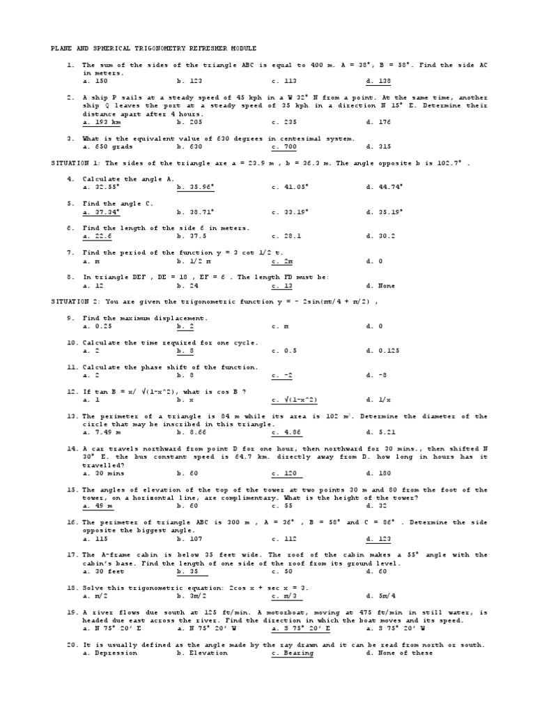 Plane And Spherical Trigonometry Refresher Module Pdf Trigonometric