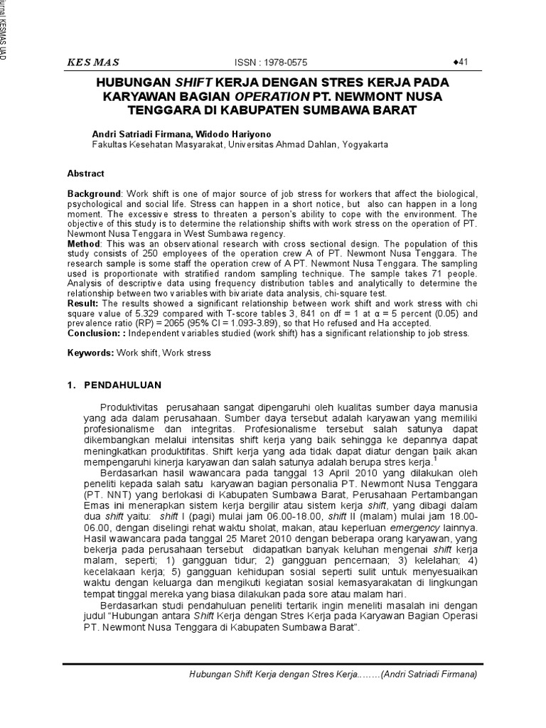 ID Hubungan Shift Kerja Dengan Stres Kerja Pada Karyawan Bagian Operation PT Newmon PDF | PDF