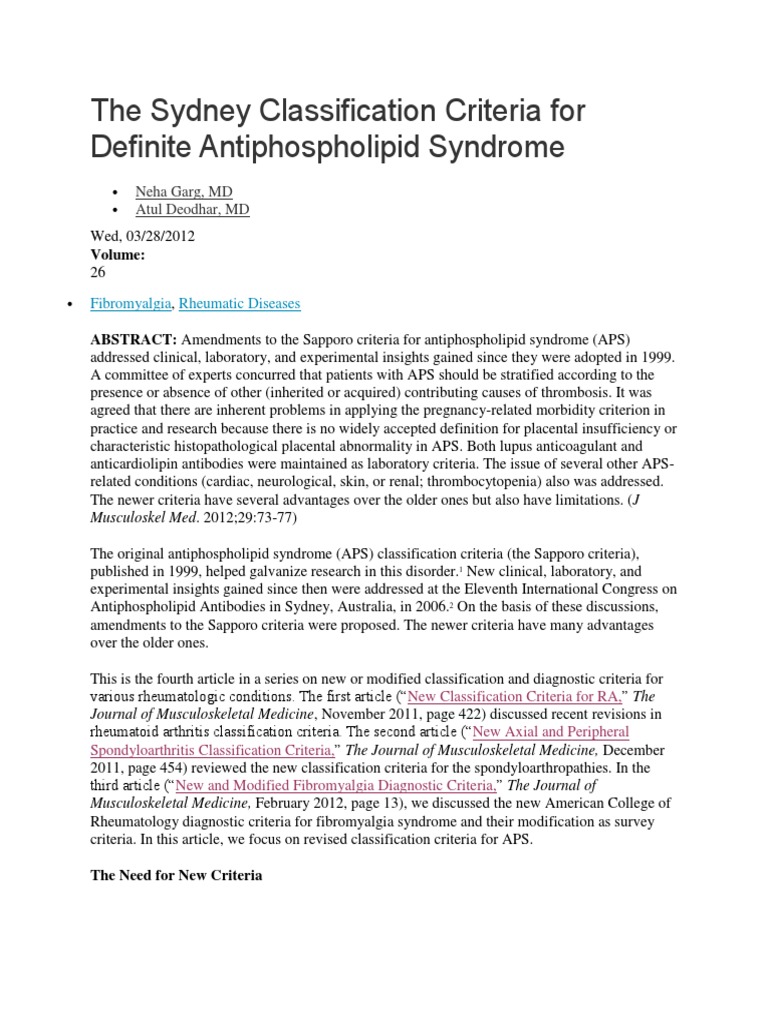 The Sydney Classification Criteria For Definite Antiphospholipid ...