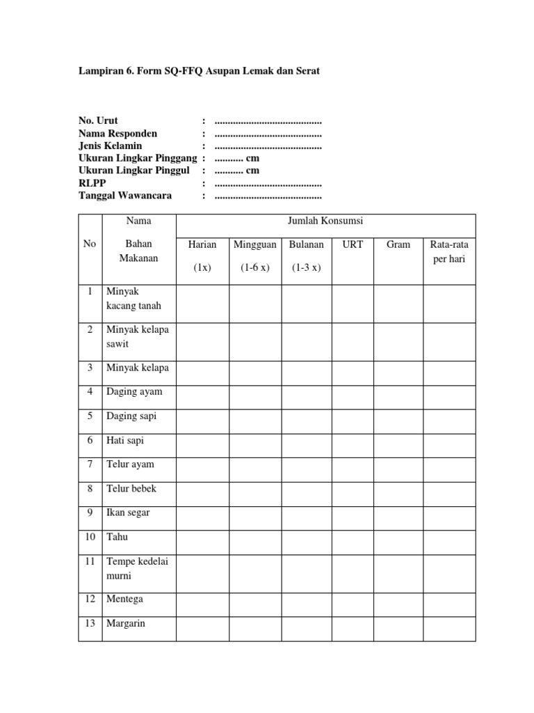 Formulir Kuesioner SQ-FFQ Gizi | PDF