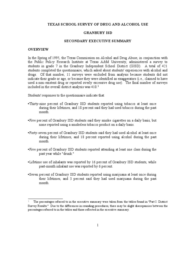 Granbury ISD Drug and Alcohol Survey Summary | PDF | Alcoholic Drinks ...