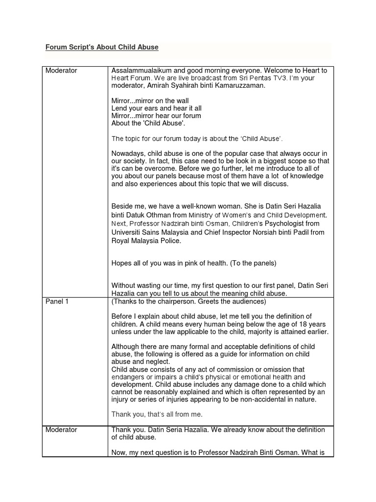Forum Script's About Child Abuse: Thank you, that ’s all from me ...