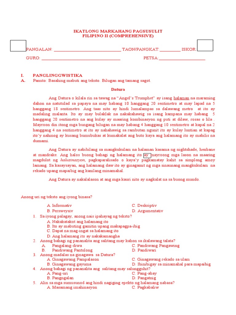 Periodical Exam For Filipino 2 3rd Grading | PDF