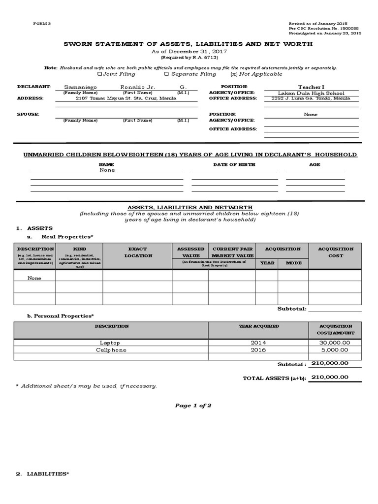 Sworn Statement of Assets, Liabilities and Net Worth | PDF | Net Worth ...
