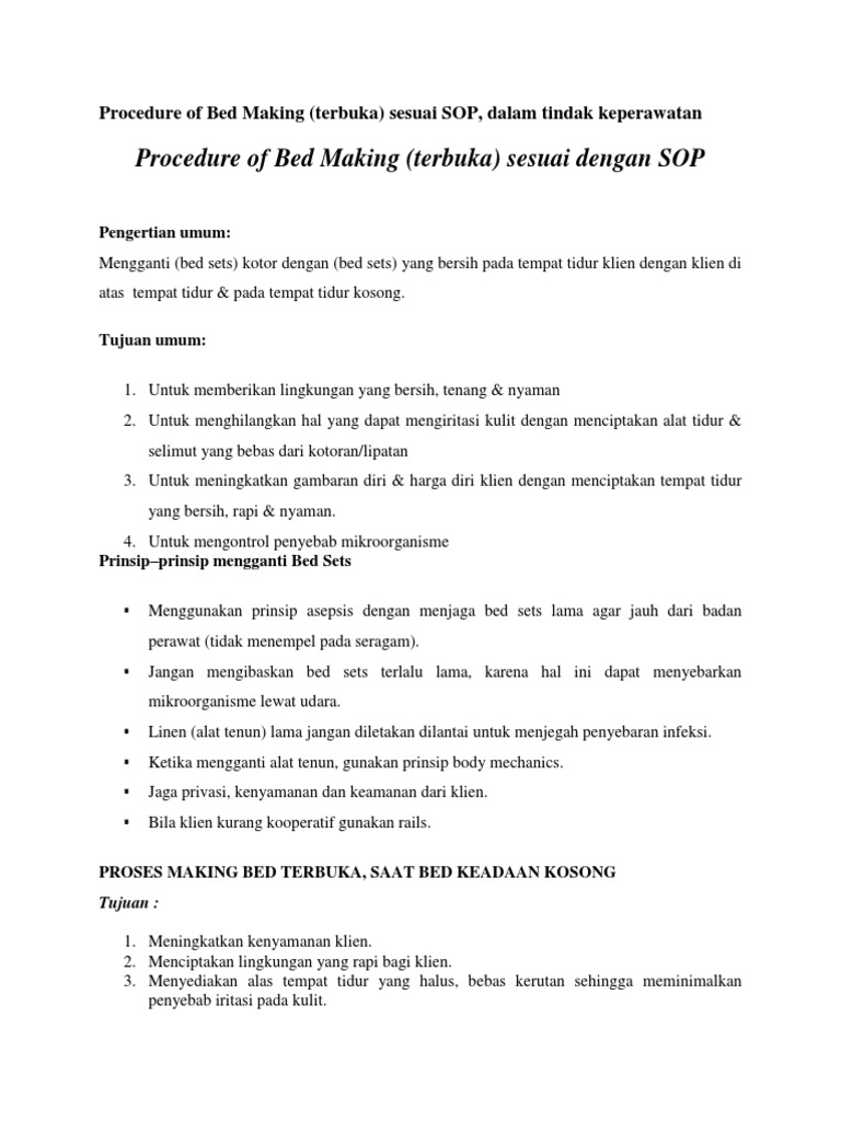 Procedure of Bed Making (Terbuka) Sesuai Dengan SOP | PDF
