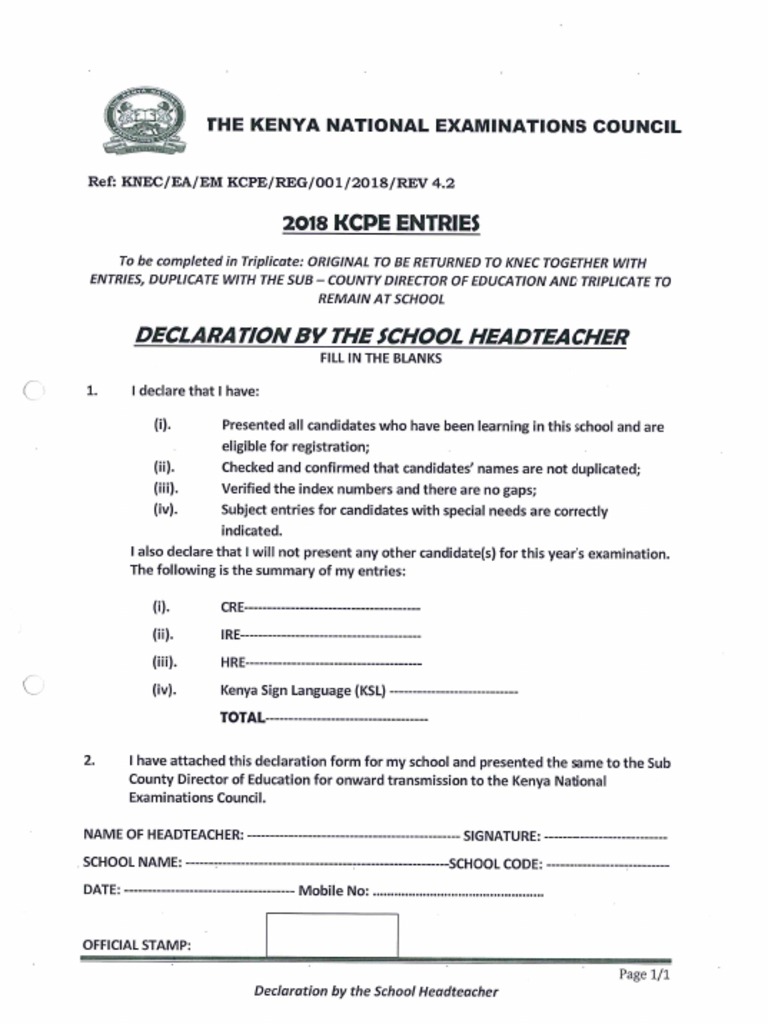 2018 Kcpe Entries, Declaration by School Headteacher | PDF