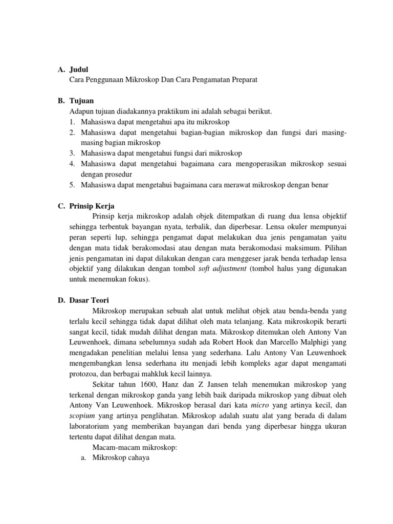 Cara Penggunaan Mikroskop Dan Cara Pengamatan Preparat | PDF