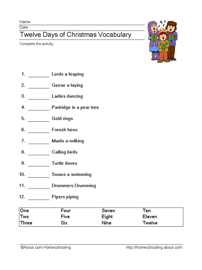 Twelve Days of Christmas Vocabulary: Name: Date | PDF