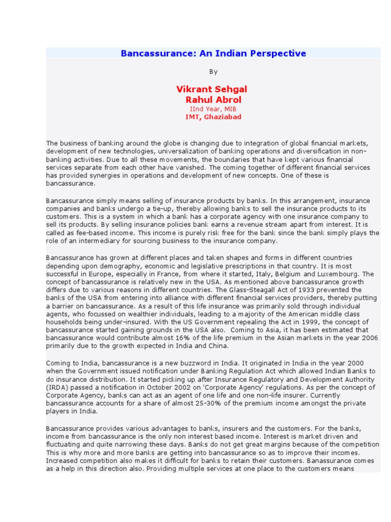 Bancassurance: An Indian Perspective: Vikrant Sehgal Rahul Abrol | PDF | Insurance | Banks
