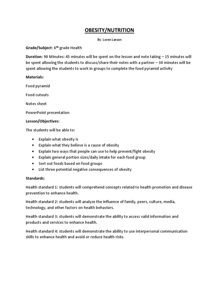 Obesity Lesson Plan | PDF | Obesity | Foods