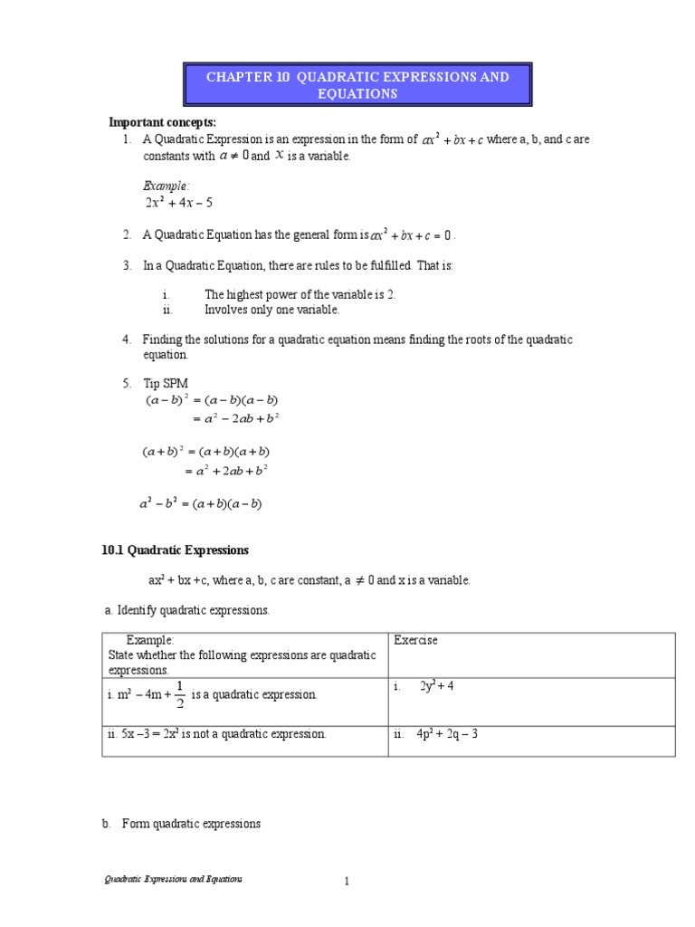 Chapter 10 I Quadratic ExpressionsEnhancement | PDF | Quadratic ...
