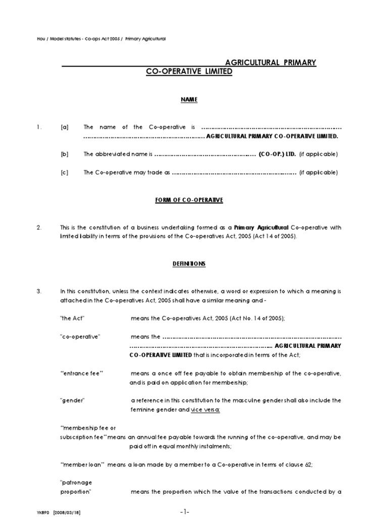 Agricultural Primary Co-operative Constitution | PDF | Board Of ...