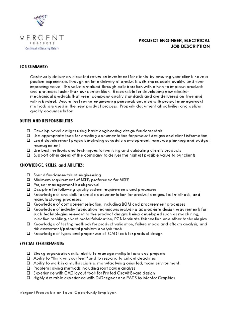 Job Description - Project Engineer Electrical | PDF | Engineering ...