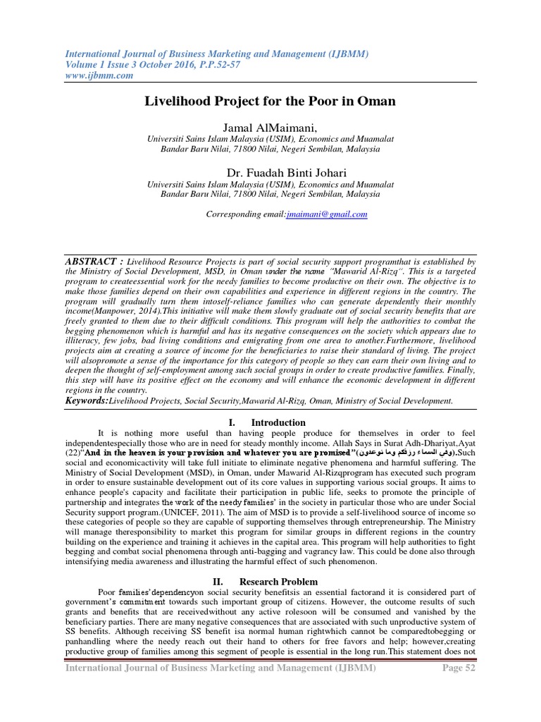 Livelihood Project For The Poor in Oman | PDF | Poverty | Poverty ...