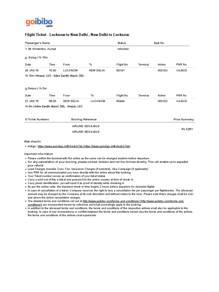 Flight Ticket - Lucknow To New Delhi, New Delhi To Lucknow: 1h 15m ...