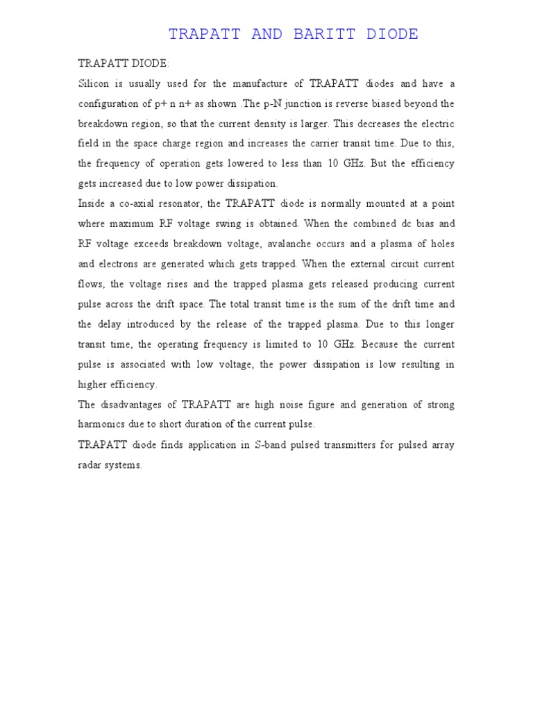 Trapatt and Baritt Diode | PDF | Electromagnetism | Electrical Engineering