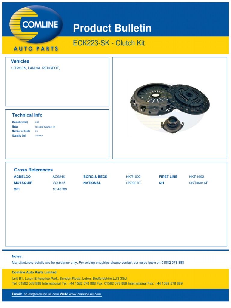 Product Bulletin: ECK223-SK - Clutch Kit | PDF | Automotive Industry ...