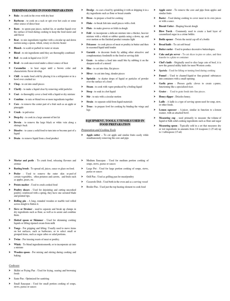 Terminologies in Food Preparation: Preparation and Cooking Tools | PDF ...