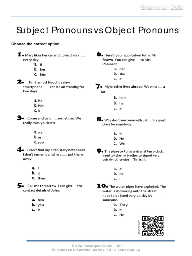 Subject Pronoun Vs Object Pronoun Grammar Quiz 0 | PDF | Syntax ...