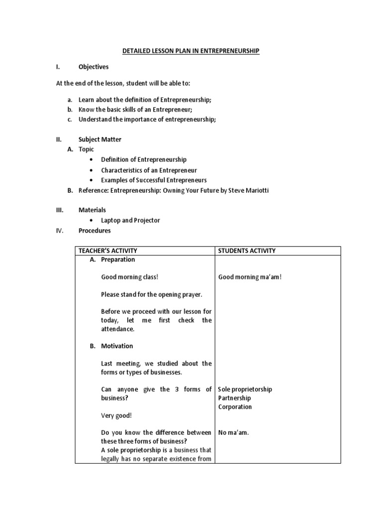 Detailed Lesson Plan | Sole Proprietorship | Entrepreneurship