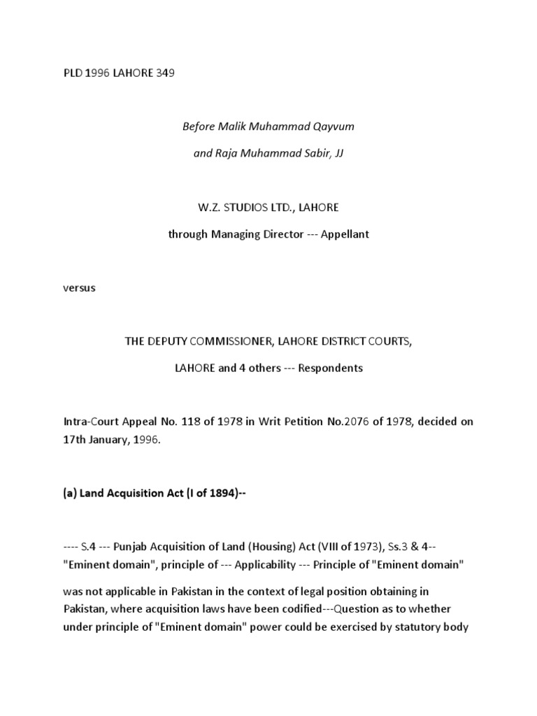 PLD 1996 Lahore 349 | PDF | Eminent Domain | Appeal