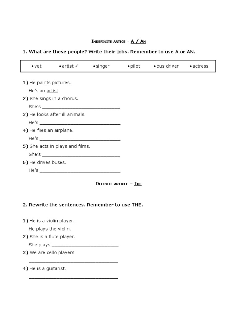 Definite and Indefinite Articles Exercises | PDF