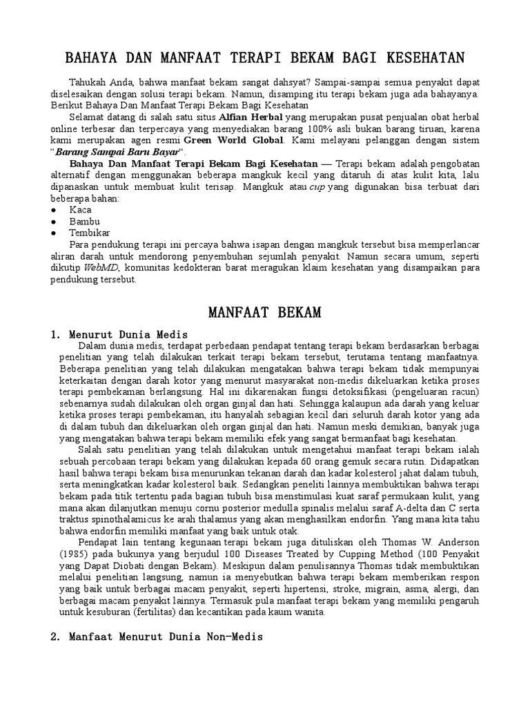 Bahaya Dan Manfaat Terapi Bekam Bagi Kesehatan | PDF