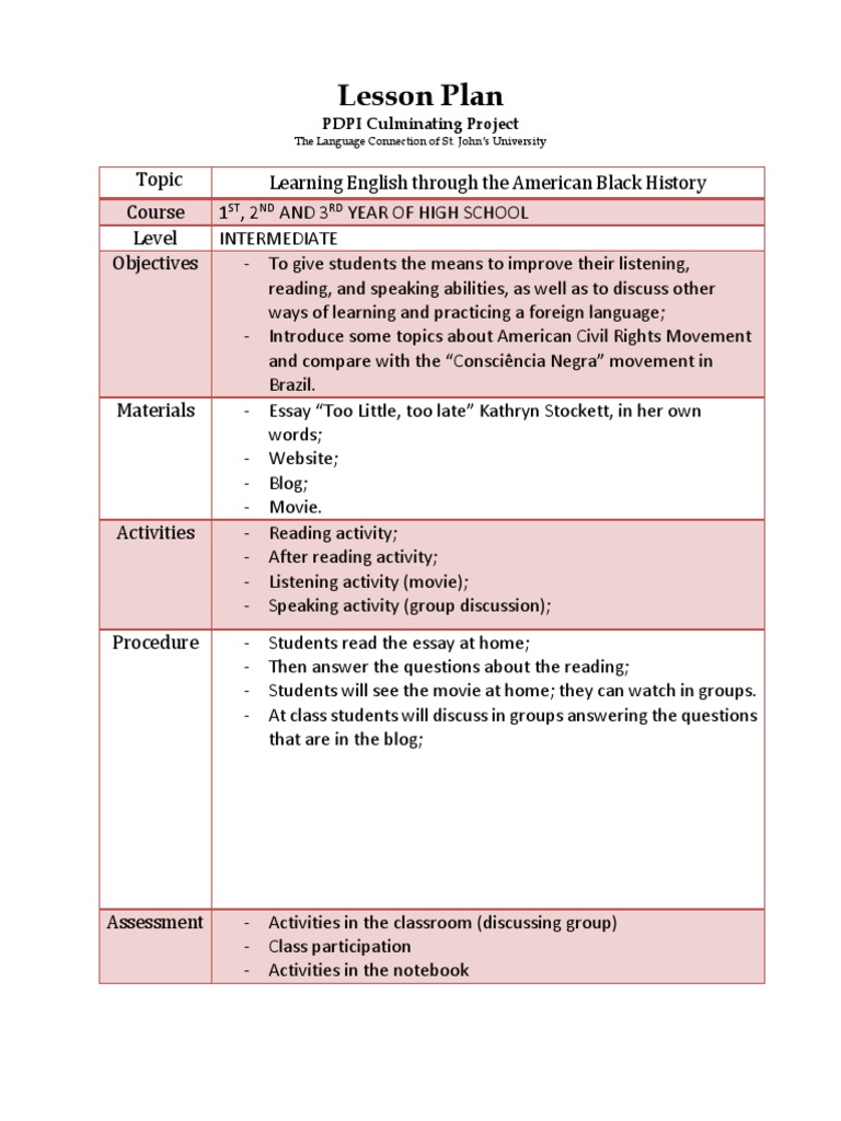 Lesson Plan: PDPI Culminating Project | PDF