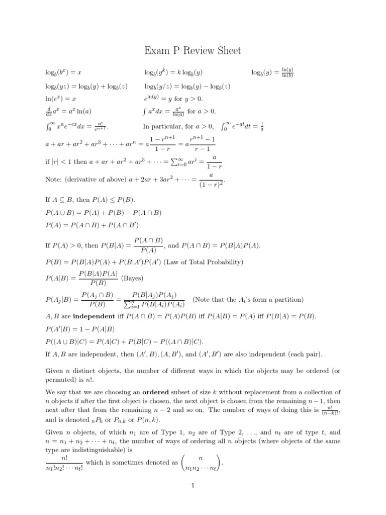 Exam P Review Sheet | PDF | Probability Distribution | Probability ...