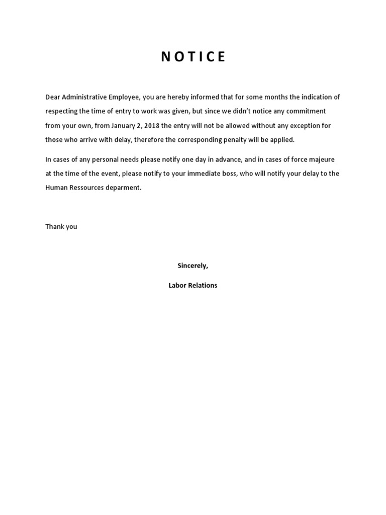 Notice: Sincerely, Labor Relations | PDF