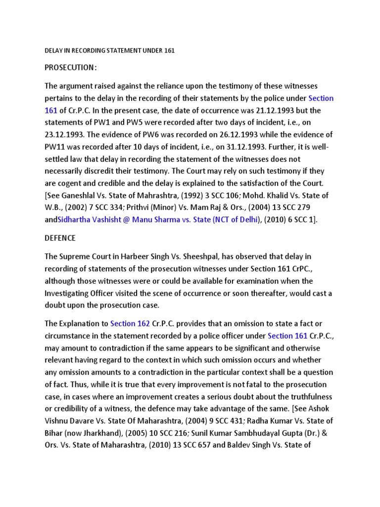 Delay in Recording Statement Under 161 | Download Free PDF | Witness ...