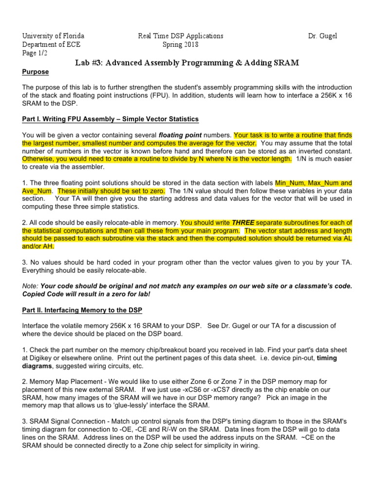 Lab #3: Advanced Assembly Programming & Adding SRAM | PDF | Subroutine | Random Access Memory