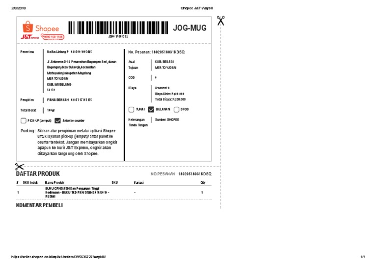 Panduan Waybill J&T untuk Shopee | PDF