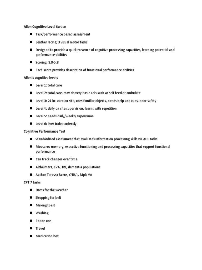 Allen Cognitive Level Screen | Mental Processes | Clinical Psychology