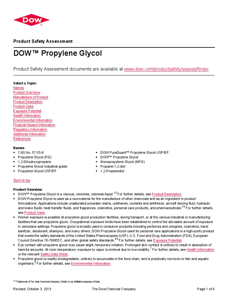 DOW™ Propylene Glycol: Product Safety Assessment | PDF | Chemical ...