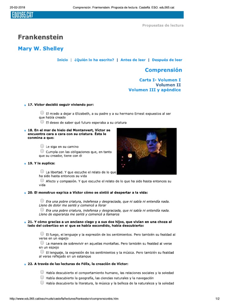 Comprensión. Frankenstein. Lectura 2 | PDF