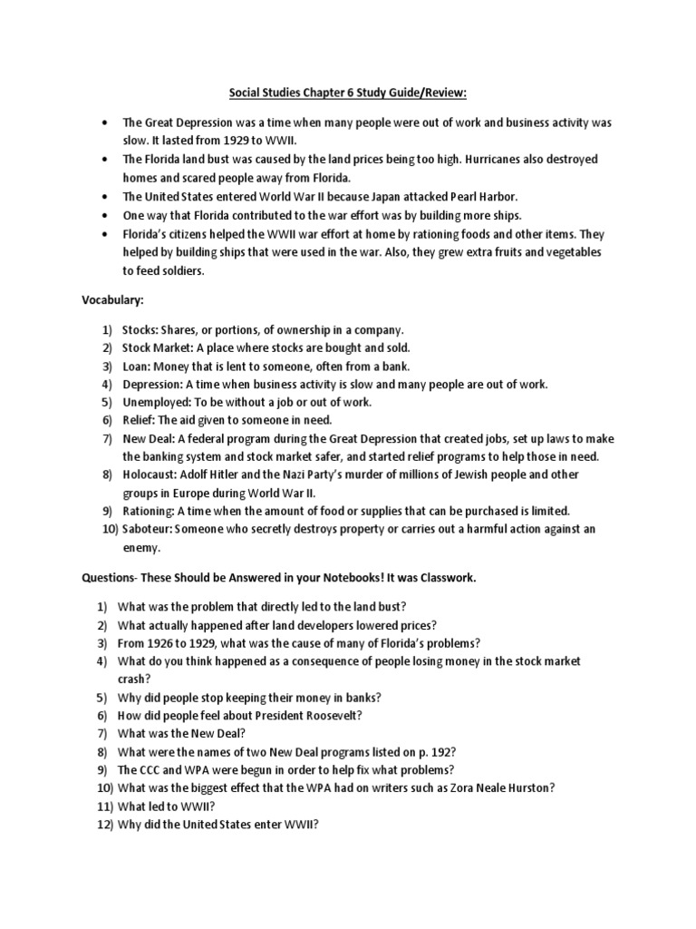 Social Studies Chapter 6 Study Guide | PDF | Great Depression | New Deal