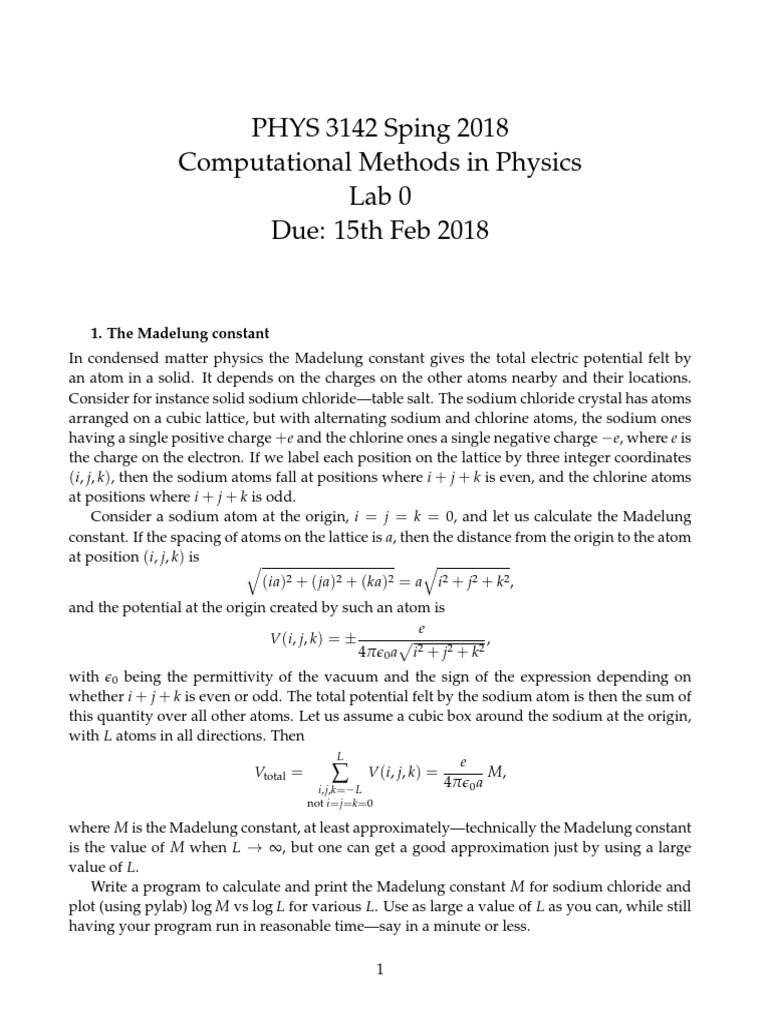 PHYS 3142 Sping 2018 Computational Methods in Physics Lab 0 Due: 15th Feb 2018 | PDF | Atoms ...