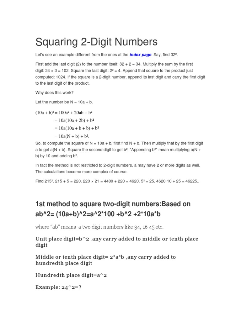 Squaring 2 Digit Numbers | PDF